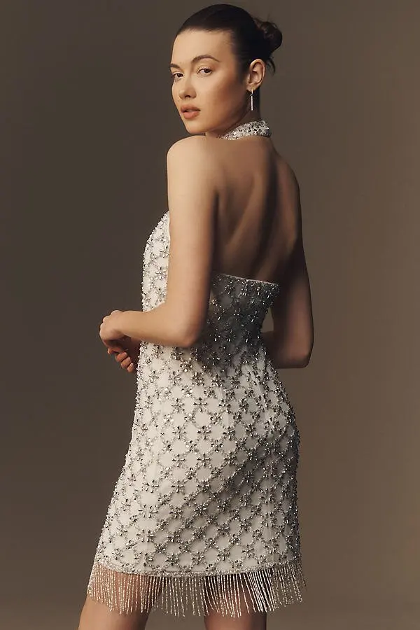 Liv Foster Halter Beaded Fringe Mini Dress In Silver - 29% Off |  Editorialist