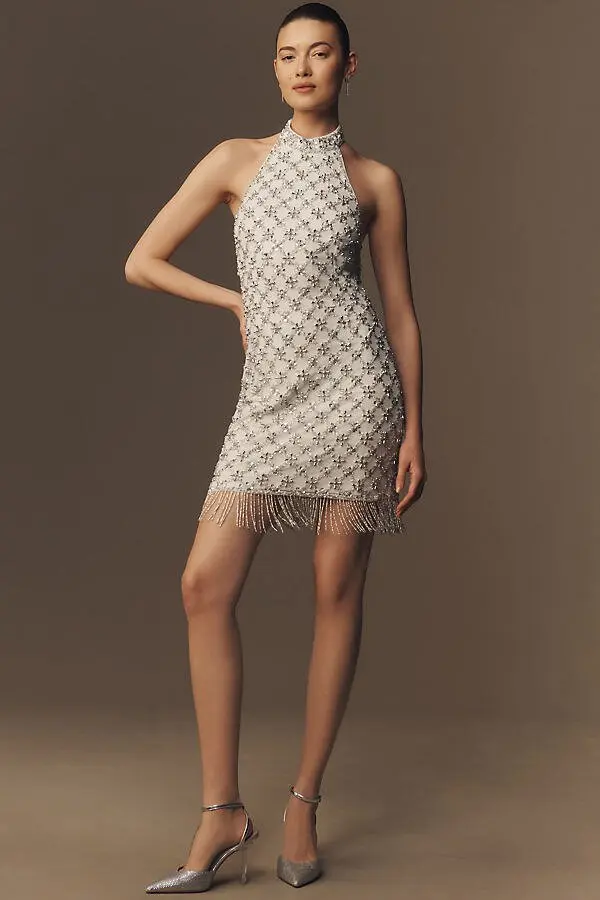 Halter Beaded Fringe Mini Dress
