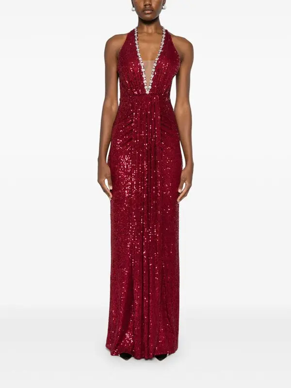 NISSA Sequined Halterneck Maxi Dress - Red