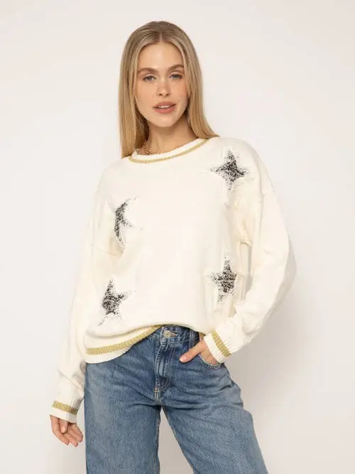 Central Park West Talullah Frayed Star Crew Pullover - Ivory
