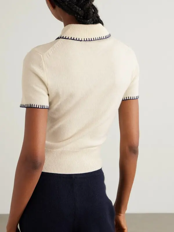 Staud Windsor Cropped Embroidered Wool-blend Polo Shirt