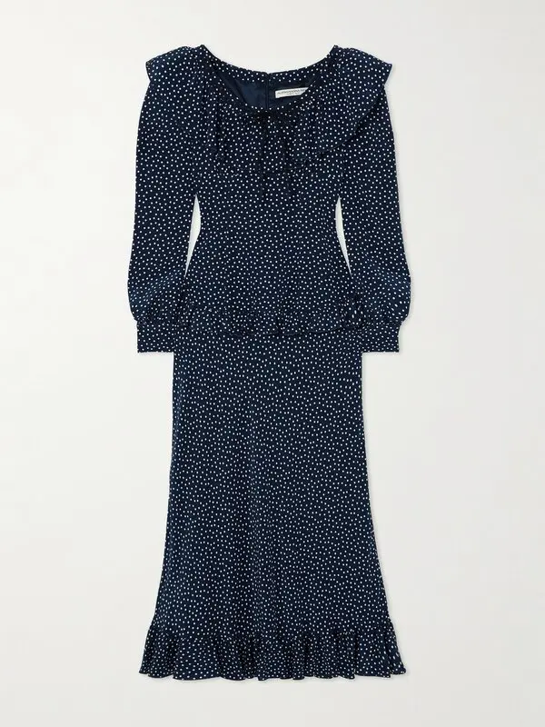 Alessandra Rich Ruffled Polka-dot Silk Crepe De Chine Midi Dress - Blue