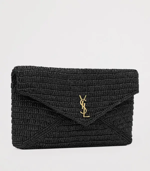Saint Laurent Raffia Cassandre Envelope Pouch - Black