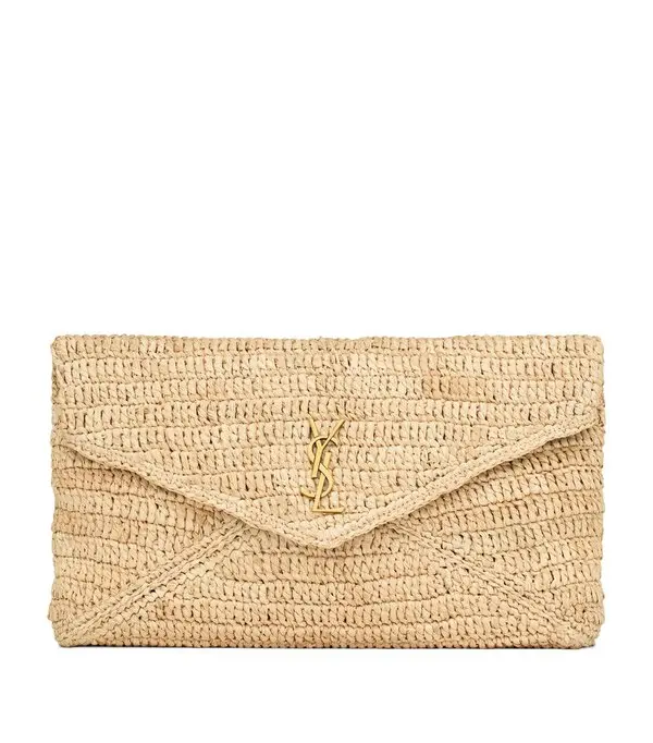 Saint Laurent Cassandre Raffia Envelope Pouch - Brown