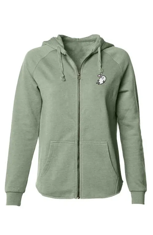 DALIX Heartly Ghost Zip Fleece Hoodie - Sage