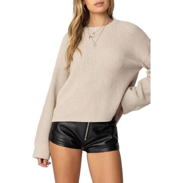 EDIKTED Marleen Oversized Crewneck Cotton Sweater - Stone