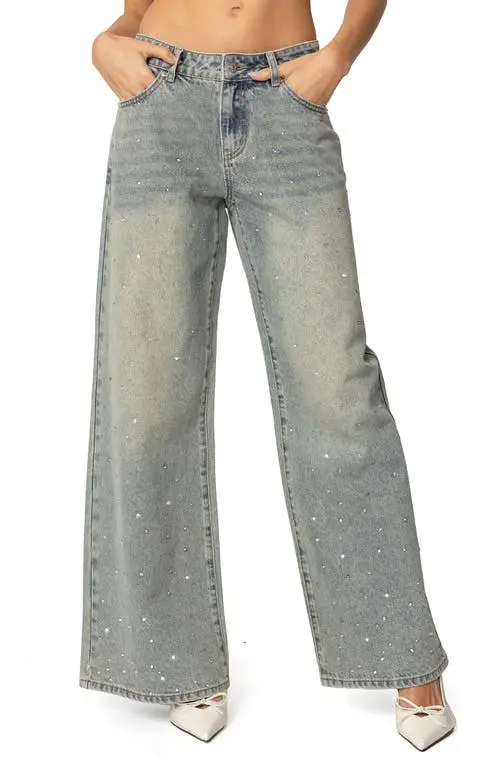 EDIKTED Low Rise Rhinestone Wide Leg Jeans - Gray