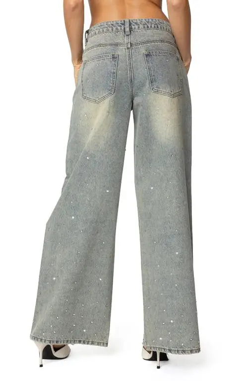EDIKTED Low Rise Rhinestone Wide Leg Jeans - Gray