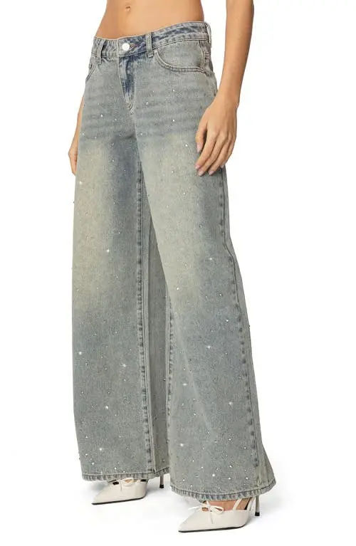 EDIKTED Low Rise Rhinestone Wide Leg Jeans - Gray