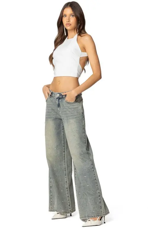 EDIKTED Low Rise Rhinestone Wide Leg Jeans - Gray