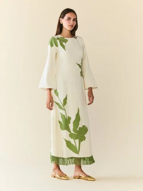 EDDY Ariana Fringe Hem Maxi Dress - Ivory With Green Applique