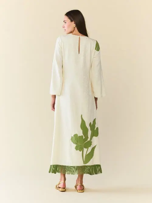 EDDY Ariana Fringe Hem Maxi Dress - Ivory With Green Applique
