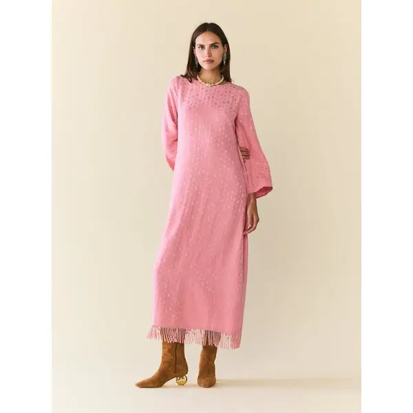 EDDY Jacquard Midi Dress With Fringe Hem - Raspberry