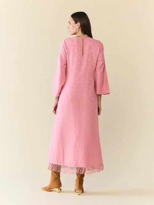 EDDY Jacquard Midi Dress With Fringe Hem - Raspberry