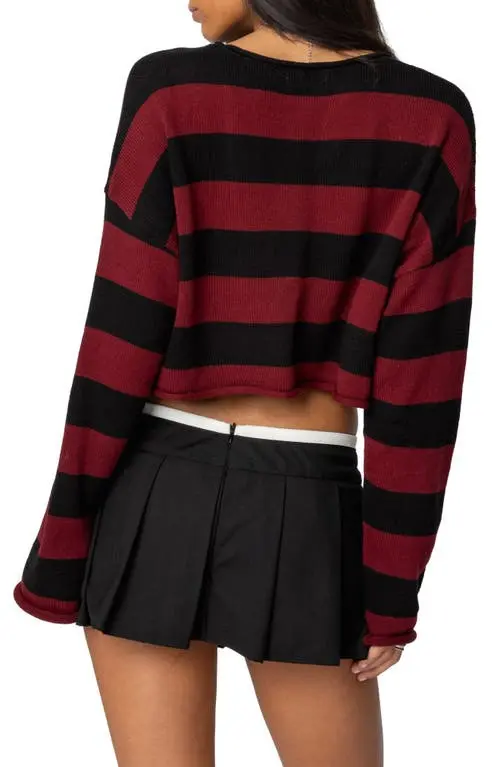 EDIKTED Shyrah Stripe Oversize Knit Crop Top - Burgundy-and-black