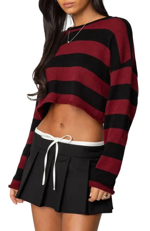 EDIKTED Shyrah Stripe Oversize Knit Crop Top - Burgundy-and-black