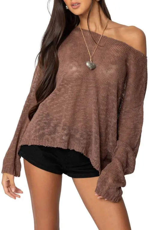 EDIKTED Bri Open Stitch Boat Neck Sweater - Brown