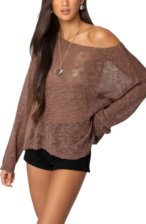 EDIKTED Bri Open Stitch Boat Neck Sweater - Brown