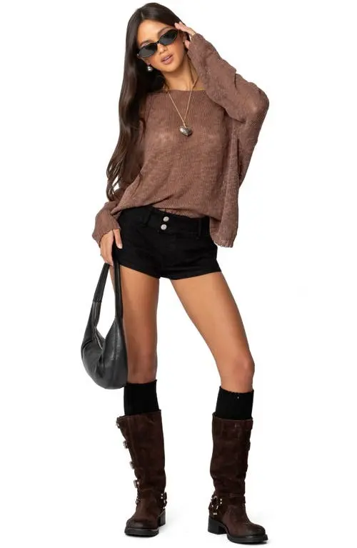 EDIKTED Bri Open Stitch Boat Neck Sweater - Brown