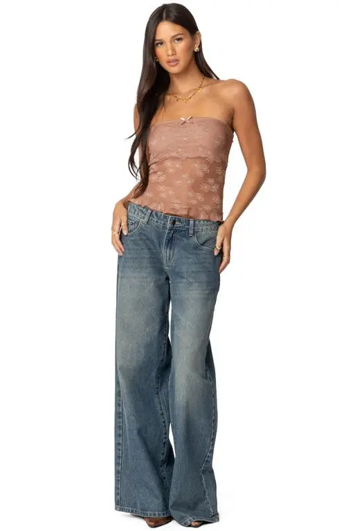 EDIKTED Ballet Floral Lace Crop Tube Top - Brown
