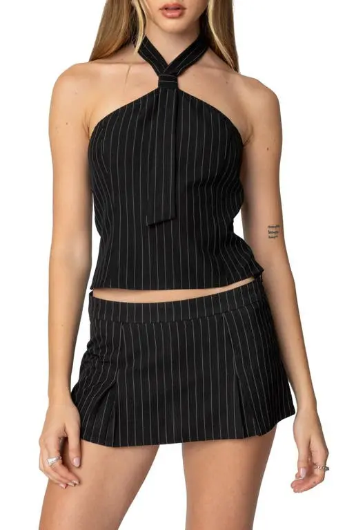EDIKTED Karine Pinstripe Tie Halter Top