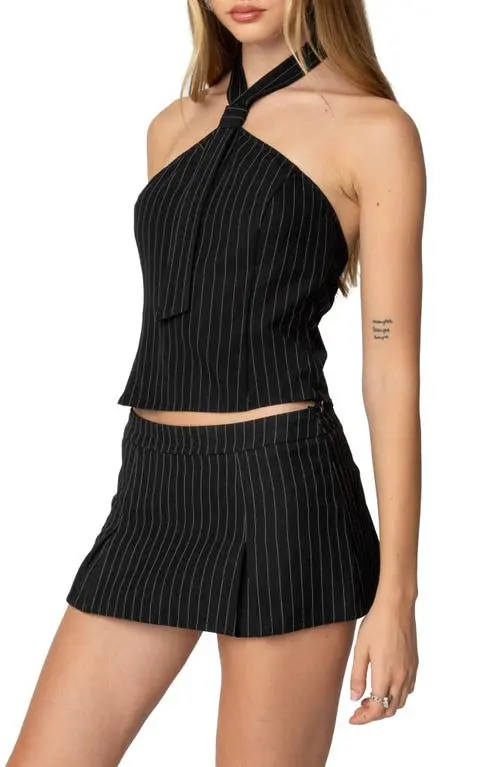 EDIKTED Karine Pinstripe Tie Halter Top
