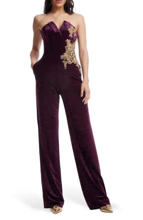 Dress The Population Beck Sequin Strapless Velvet Jumpsuit - Deep Plum