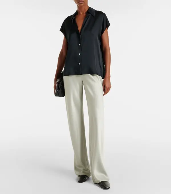 Vince Ruched Silk Satin Top - Black