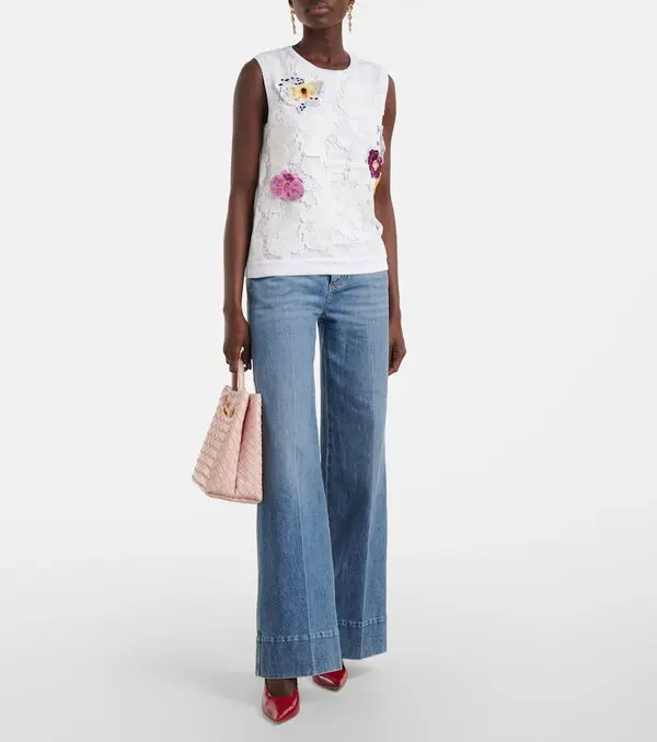 Oscar De La Renta Lace-trimmed Floral-appliqué Top - Multicoloured