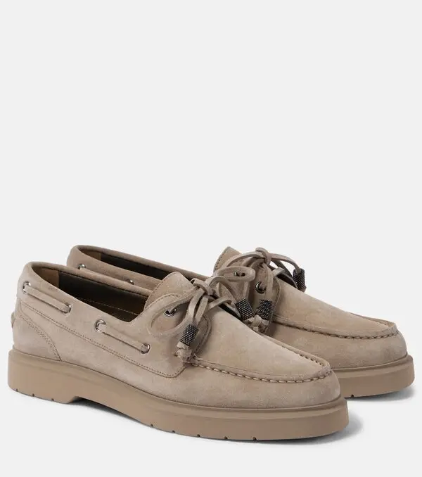 Brunello Cucinelli Monili Suede Boat Shoes - Beige