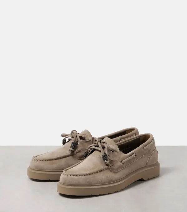 Brunello Cucinelli Monili Suede Boat Shoes - Beige