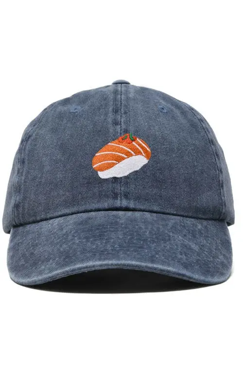 DALIX Salmon Sushi Embroidered Cap - Washed Navy Blue