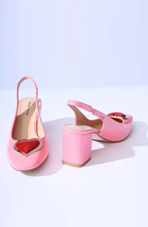 Unique Vintage Heart Leatherette Slingback Heels - Pink