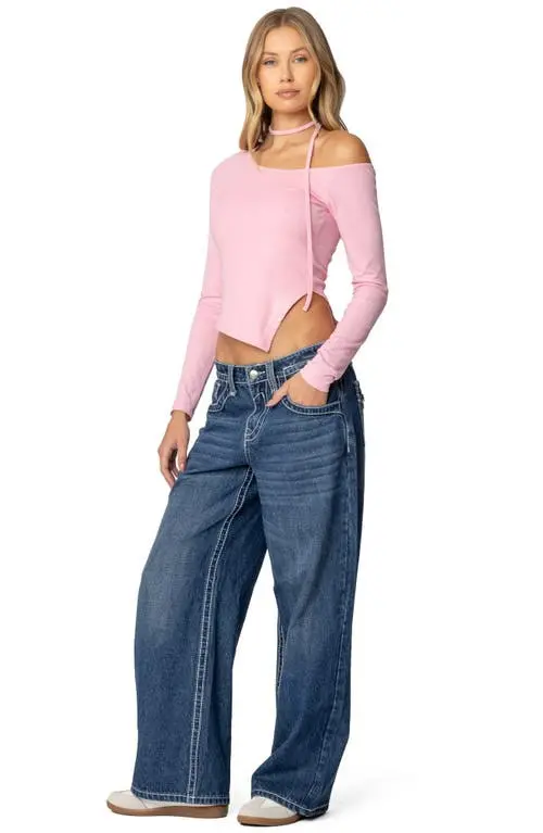 EDIKTED Long Sleeve Asymmetric Crop Top With Choker