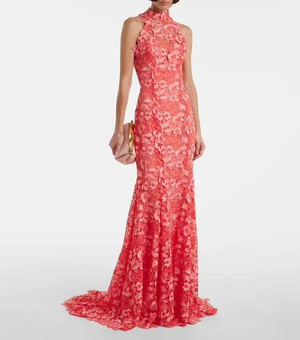 Monique Lhuillier Floral-Appliqu Halter Gown In Pink - 20% Off |  Editorialist