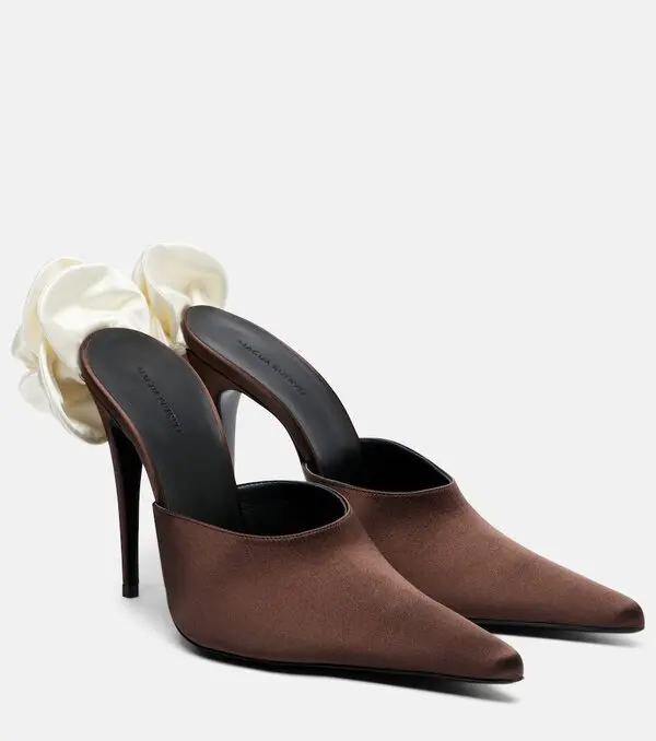 Magda Butrym Floral-appliqué Satin Mules - Brown