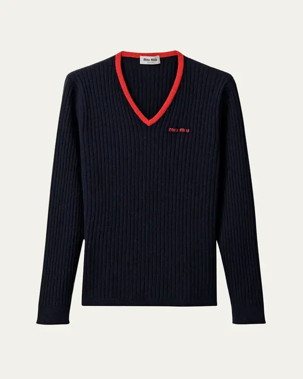 Miu Miu Ribbed V-neck Cashmere Sweater - Blured