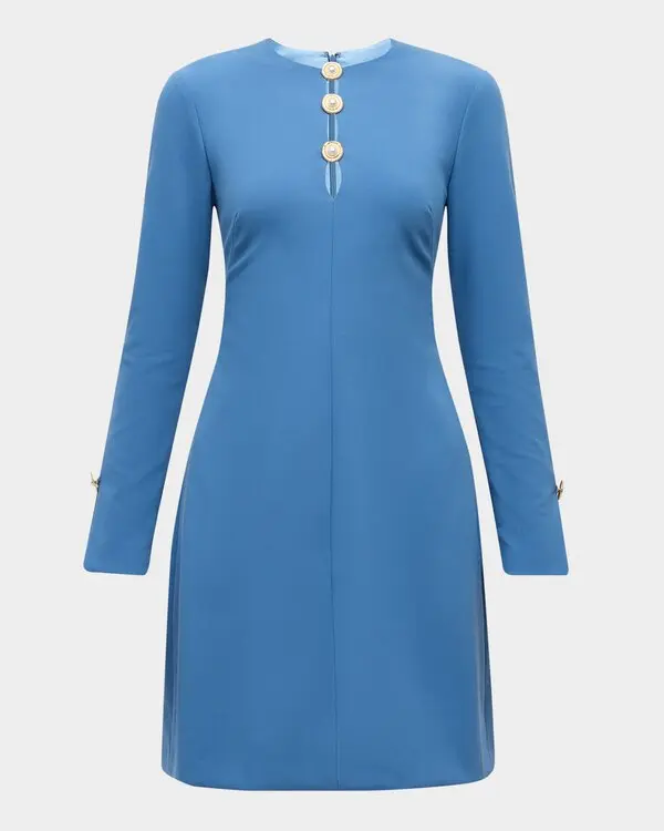 Lela Rose Button-Front Long-Sleeve Dress Cornflower 60% Off
