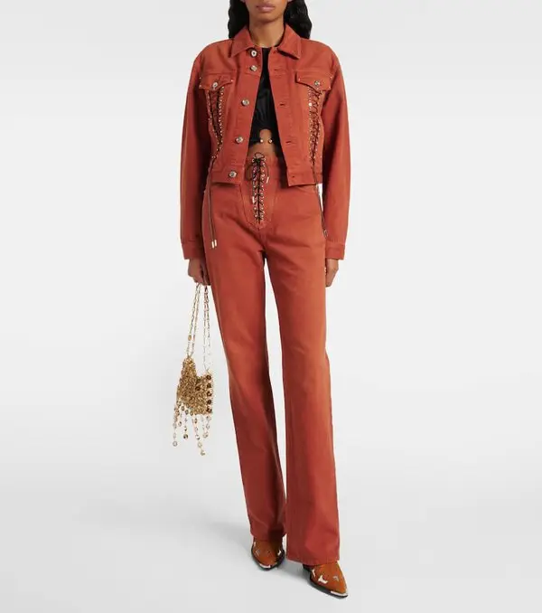 Rabanne Cropped Denim Jacket With Lace-up Detailing