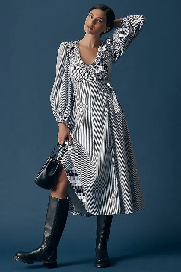 a line dress with bell sleeves Ladivine CD242 Size 8 Blue Long Pleated Chiffon A Line Bell Sleeve V Neck Formal Dress Bridesmaid Gown main image 0