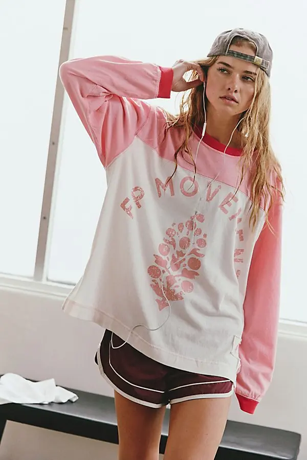 Free People Hustle Logo Layer Long Sleeve Top - Faded Coral Combo