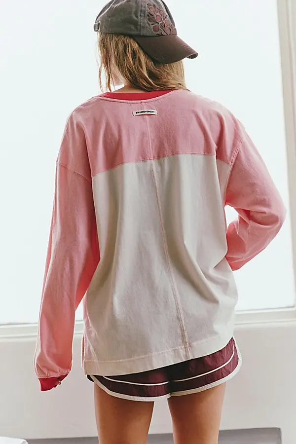 Free People Hustle Logo Layer Long Sleeve Top - Faded Coral Combo
