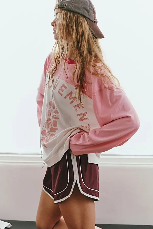 Free People Hustle Logo Layer Long Sleeve Top - Faded Coral Combo