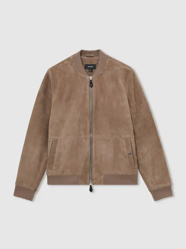 REISS Block Brick Suede Zip-through Bomber Jacket