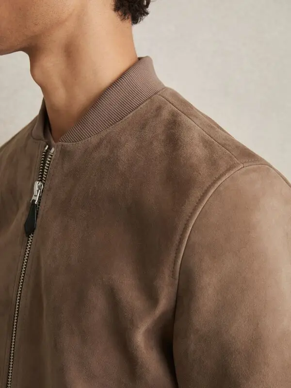 REISS Block Brick Suede Zip-through Bomber Jacket
