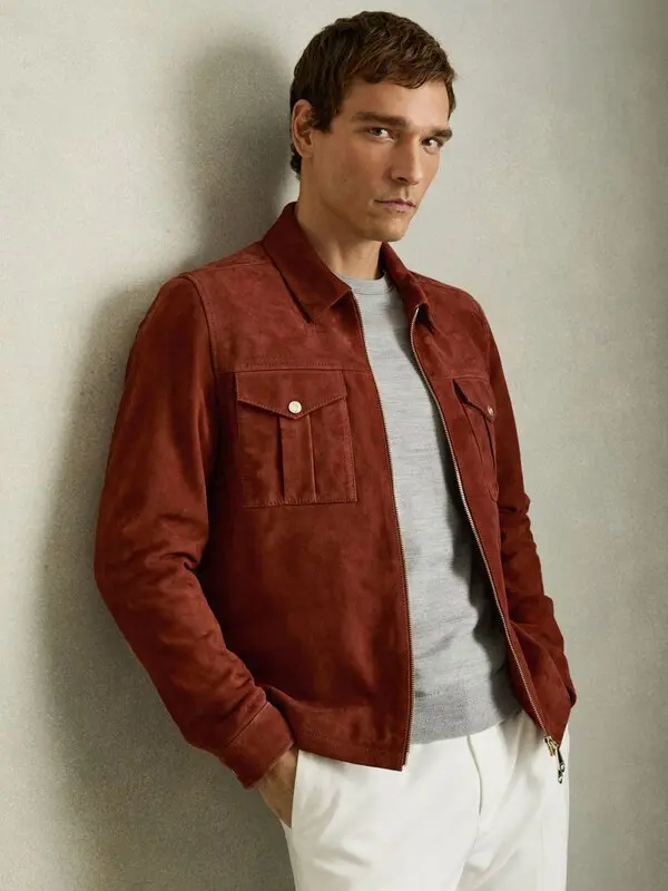 REISS Belle Suede Shirt Jacket - Burnt Red