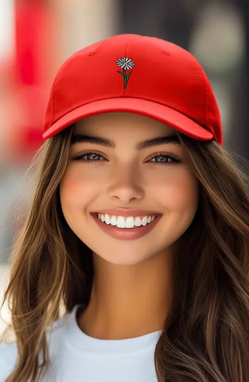 DALIX Daisy Embroidered Cap - Red