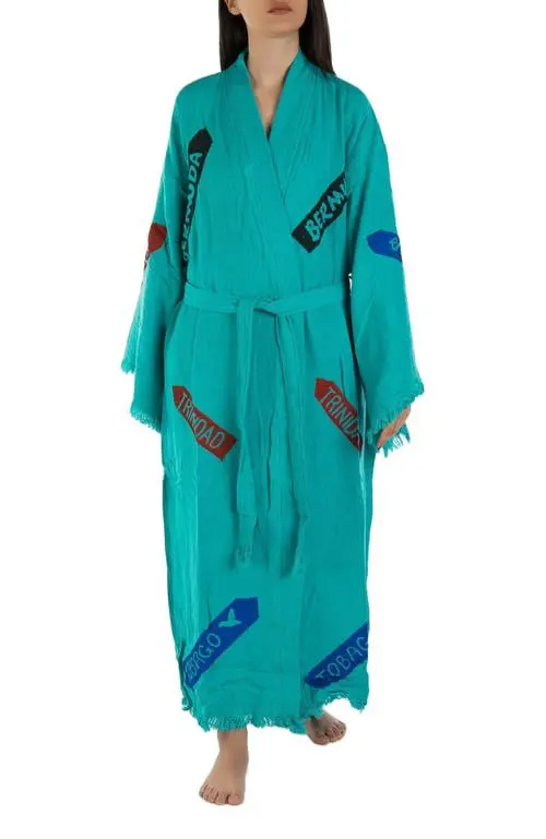 FOREVER & ALWAYS SHOES Arwensignage Pattern Handmade Cotton Kimono - Teal Blue