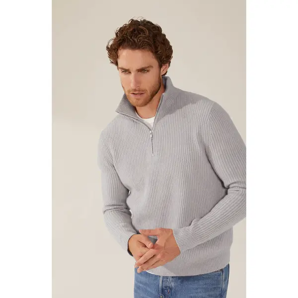 ITALIC Shane Chunky Cashmere Quarter Zip Pullover - Pebble Grey