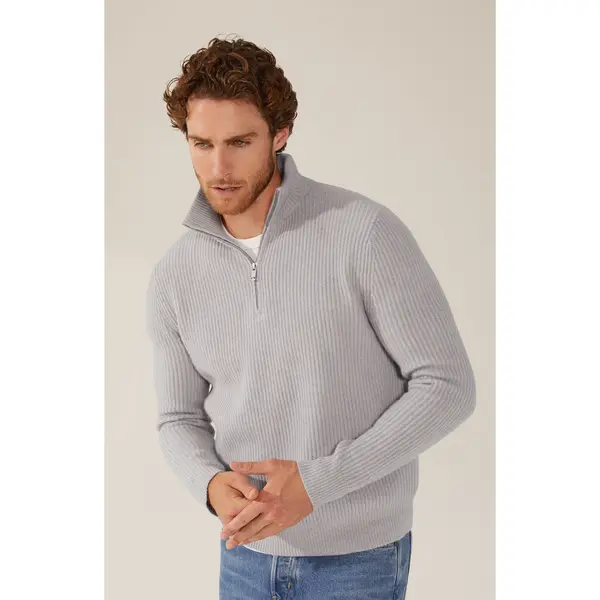 ITALIC Shane Chunky Cashmere Quarter Zip Pullover - Pebble Grey